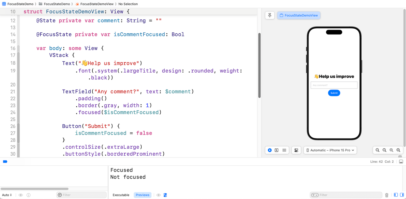 如何在 SwiftUI 使用@FocusState, @FocusedValue and @FocusedObject